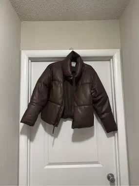 Old Navy | Jackets & Coats | Old Navy Brown Faux Leather Cropped Puffer ...
